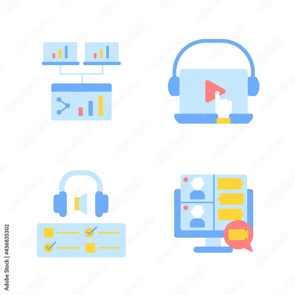 Remote education vector flat color icon set. Sharing information online ...