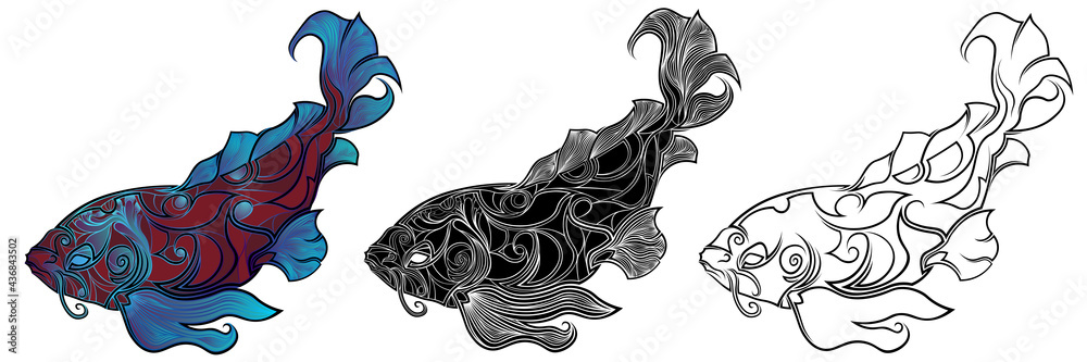Japan fish vector icon. Three variants of the logo of a mythical fish ...