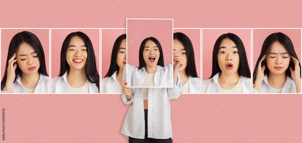 Young Asian beuatiful girl showing her portraits with different ...