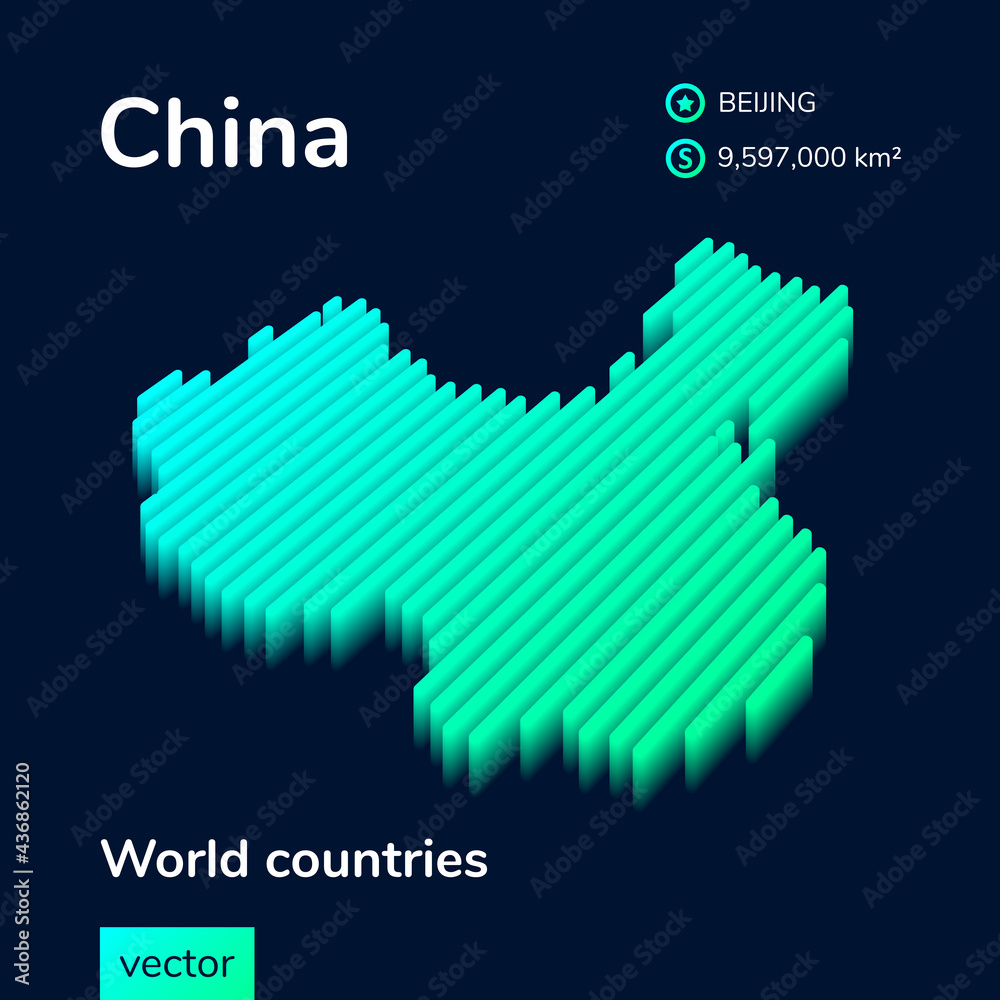 Stylized striped vector isometric neon China map with 3d effect. Map of ...