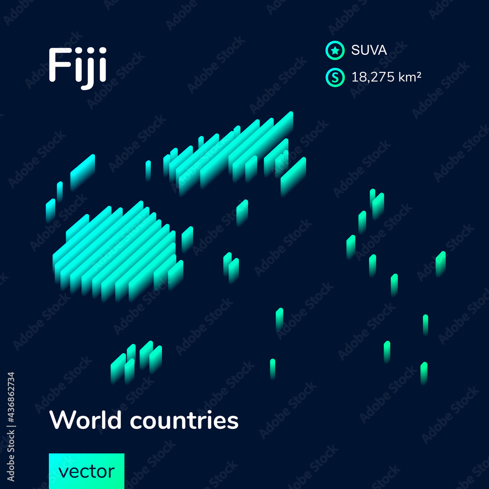 Stylized neon isometric striped vector Fiji map with 3d effect. Map of ...