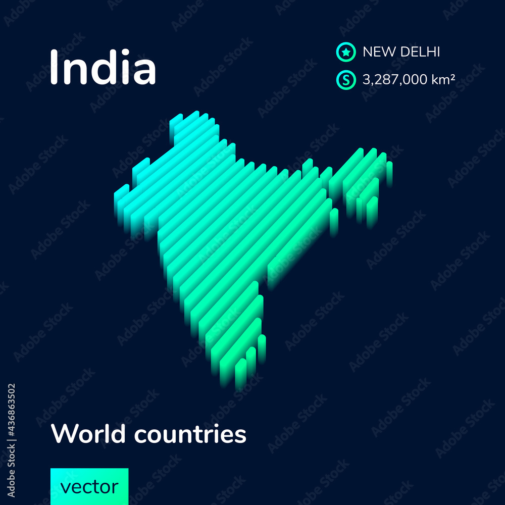 Stylized isometric vector 3d map of India in mint turquoise colors on a ...