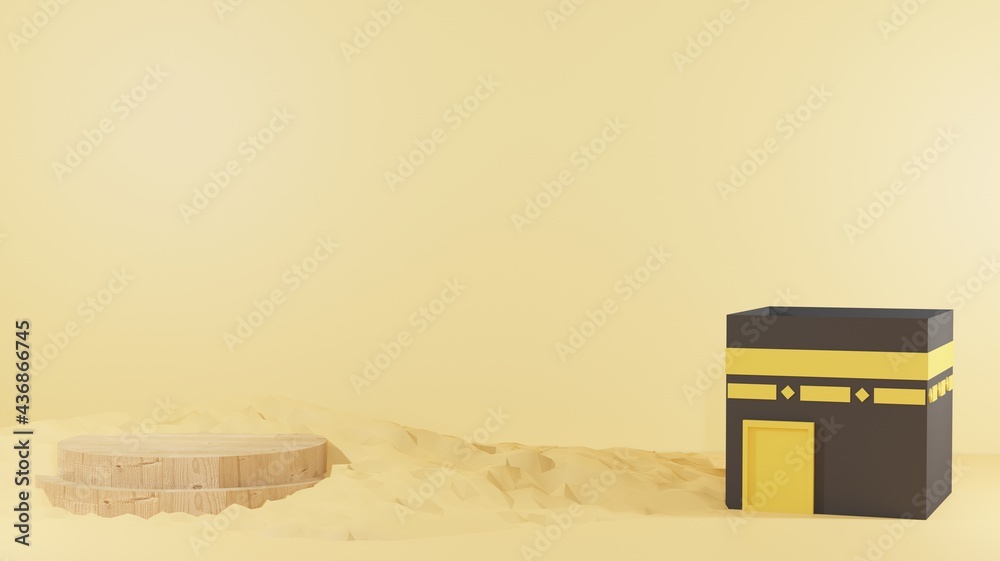 Islamic greeting card design background, with kaaba building and wooden ...