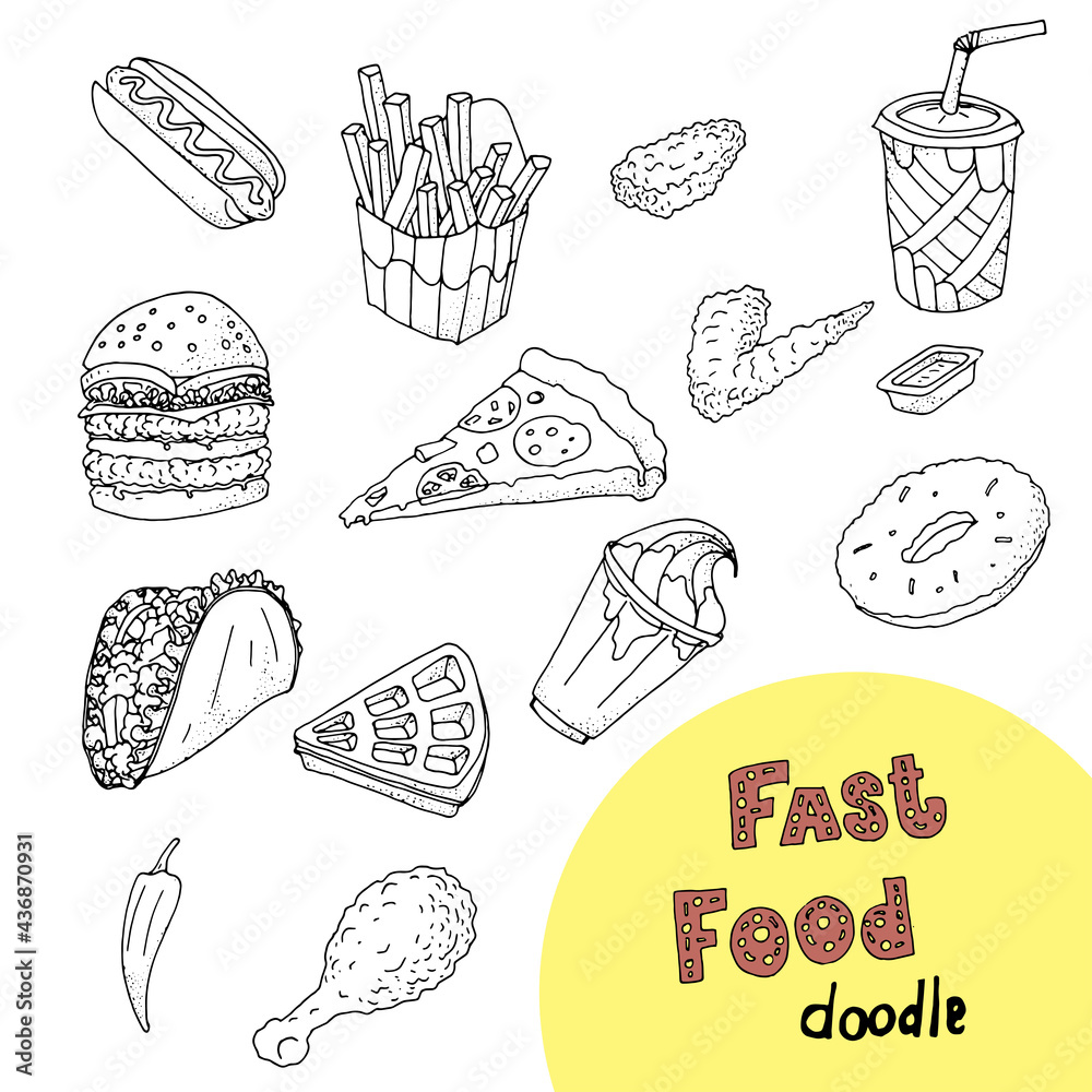 Hand drawn food doodles and illustrations. Fast Food set. Hamburger ...