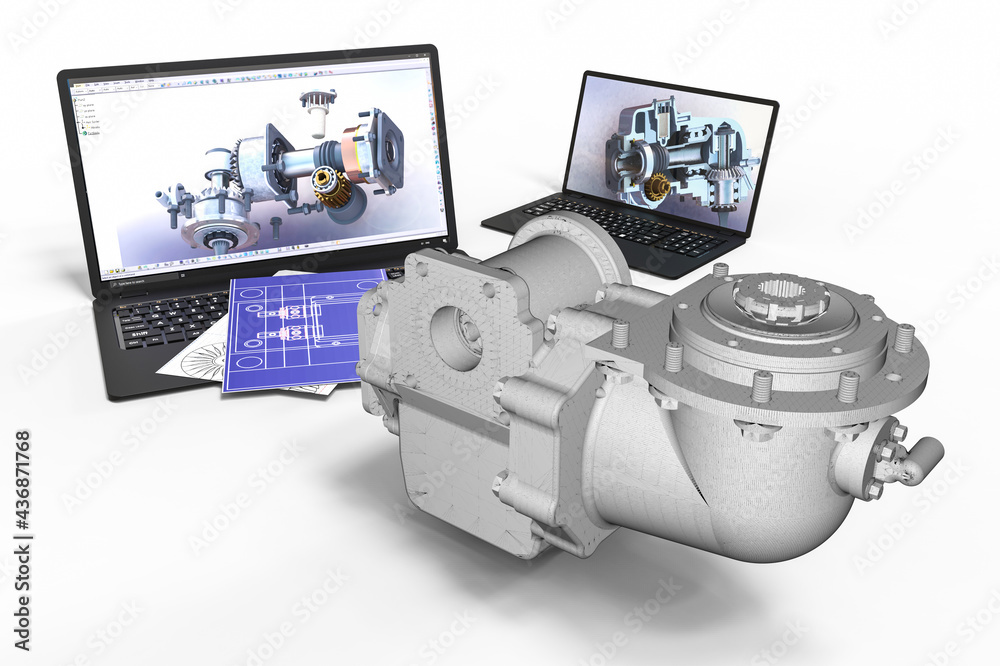 3D render image of a gearbox representing computer aided design for ...