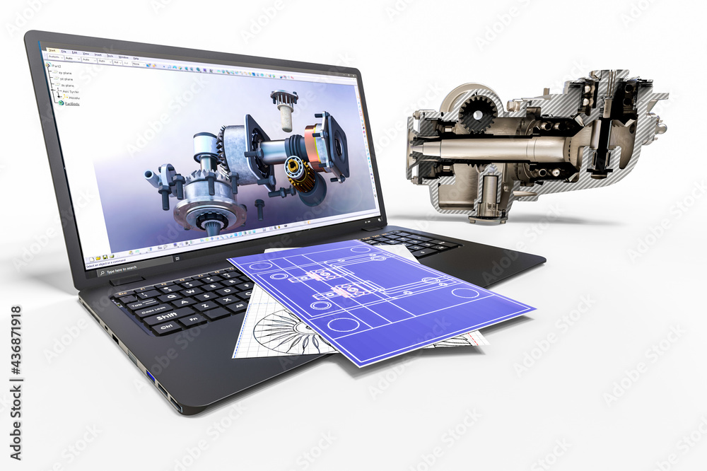 3D render image of a gearbox representing computer aided design for ...