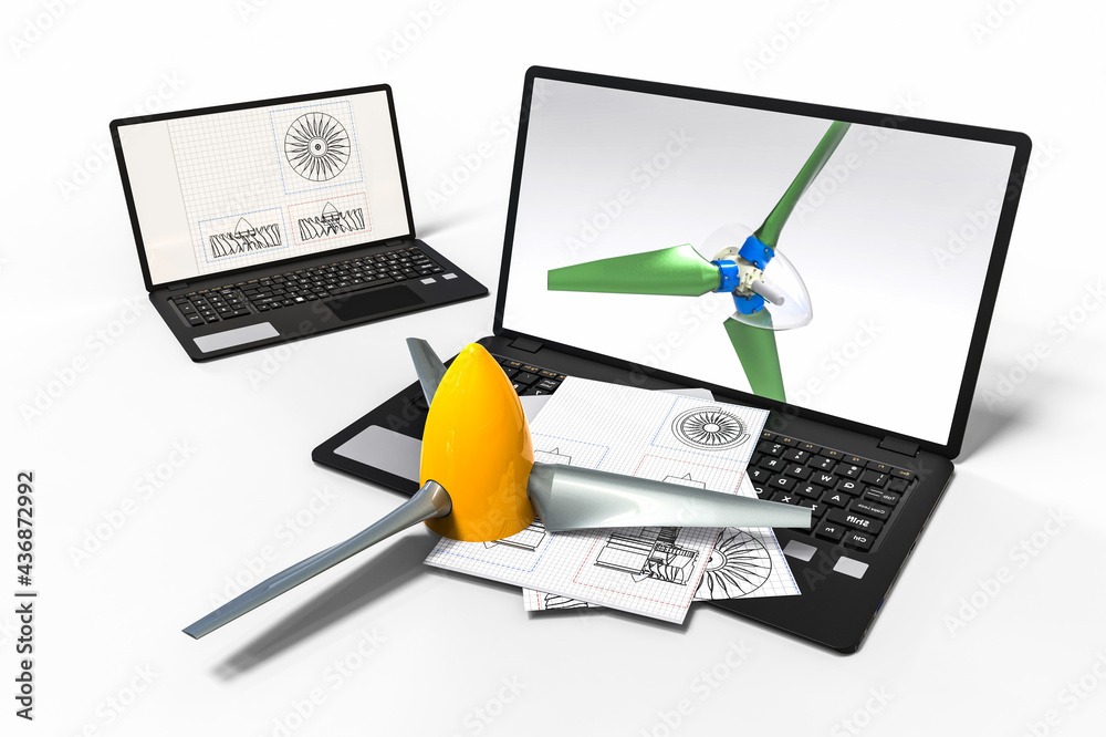 3D render image of a two laptops with a turbine propeller representing ...