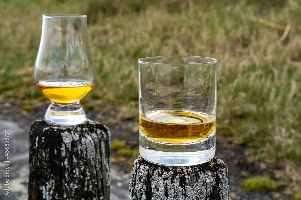 Tasting of dram single malt scotch whisky on seashore in Scotland, old ...