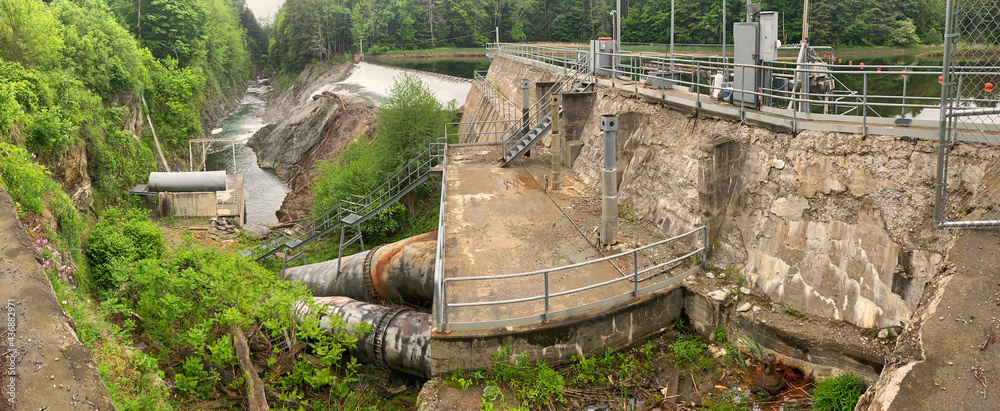 Panorama image of a dam on the Quechee River in Vermont built in the ...