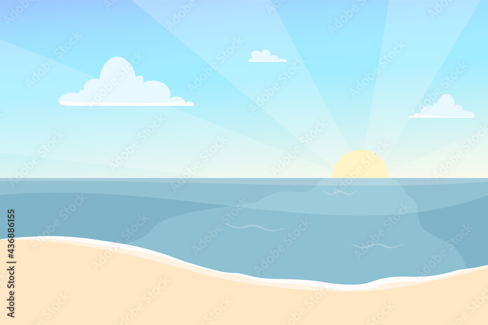 Vector illustration of the sea and the sun at dawn, the white line of ...
