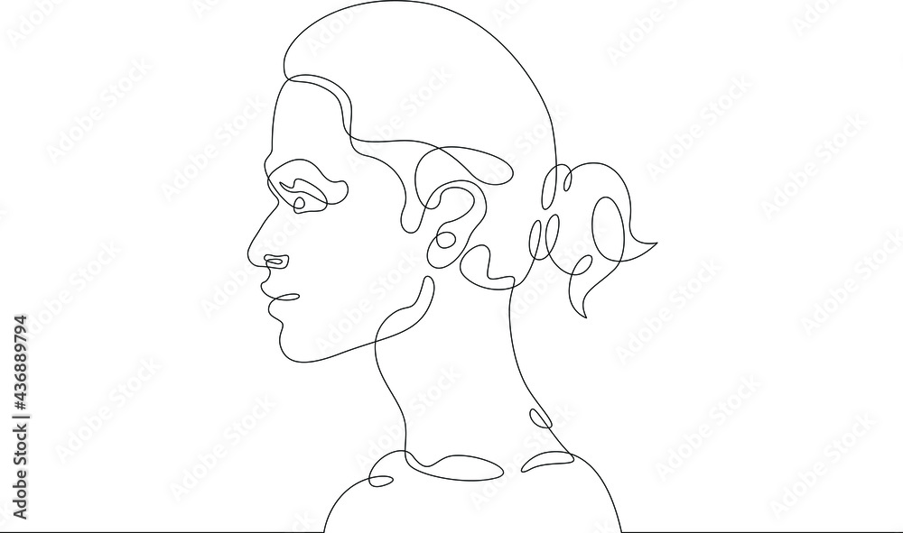 One continuous line.Young woman face profile portrait.Silhouette ...