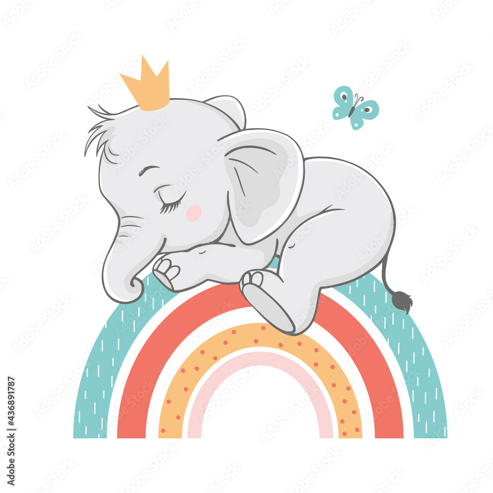 Vector illustration of a cute baby elephant, sleeping on the rainbow ...