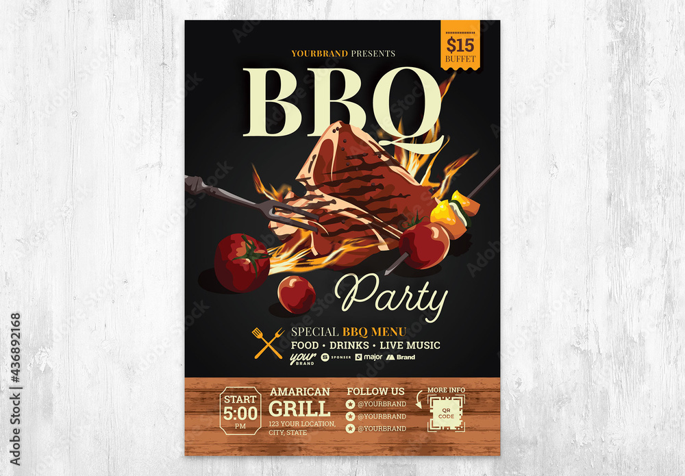 BBQ Cookout Flyer Layout with Barbecue Meat Grilled Vector Stock ...