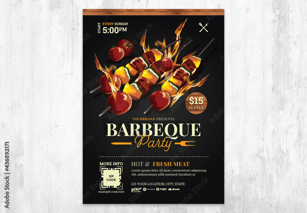 BBQ Barbecue Cookout Poster with Grilled Food Stock Template | Adobe Stock