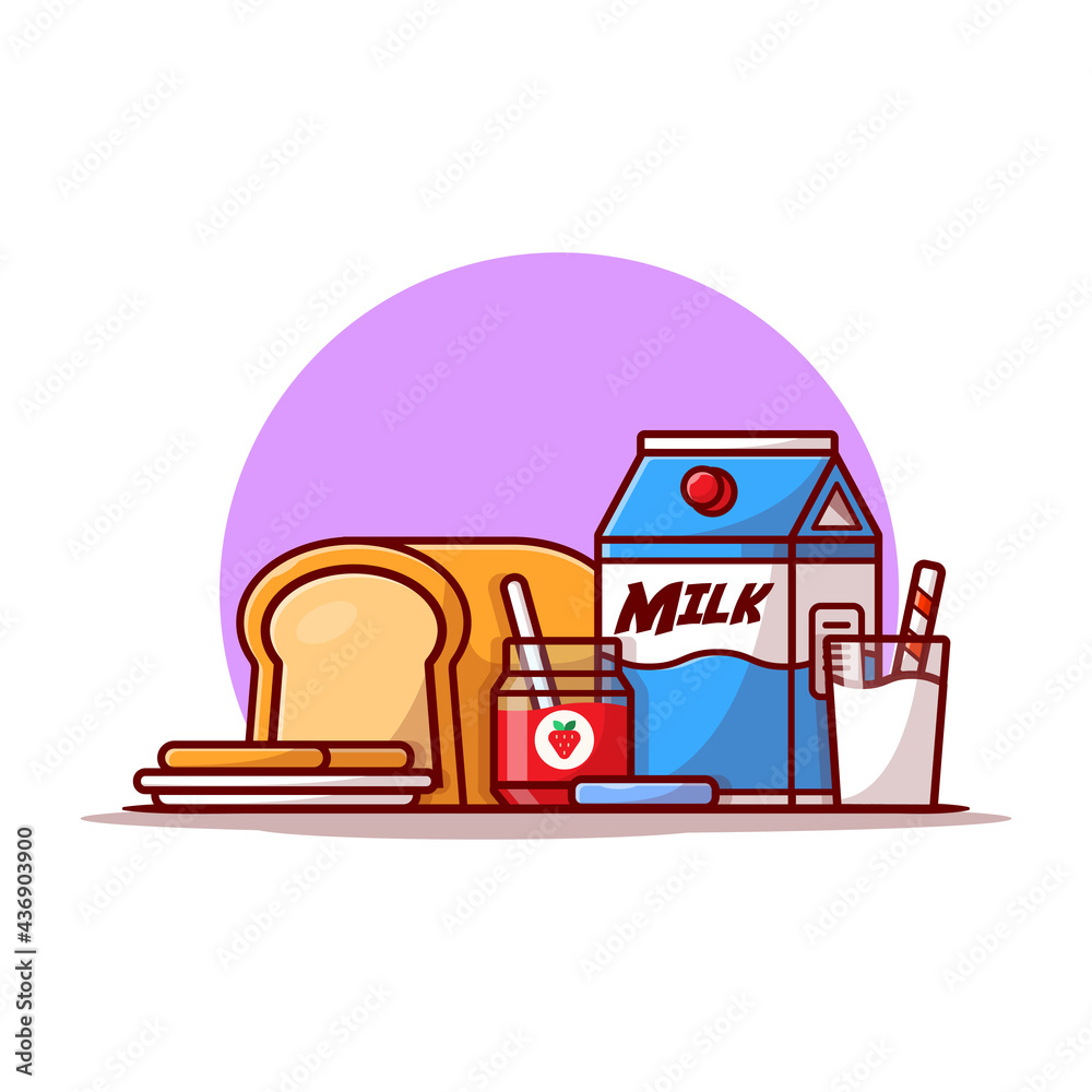 Bread With Strawberry Jam And Milk Cartoon Vector Icon Illustration ...