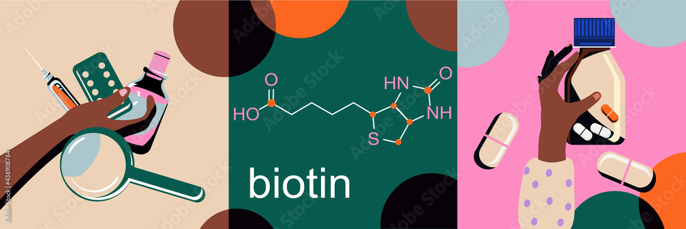 Biotin, vitamin B7 chemical formula.Vector infographic illustration ...