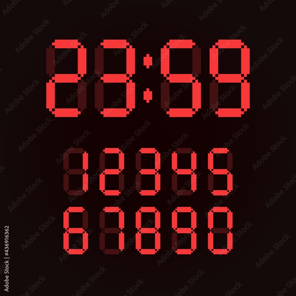 Pixel art 8-bit digital time clock number set. Font of digit for ...