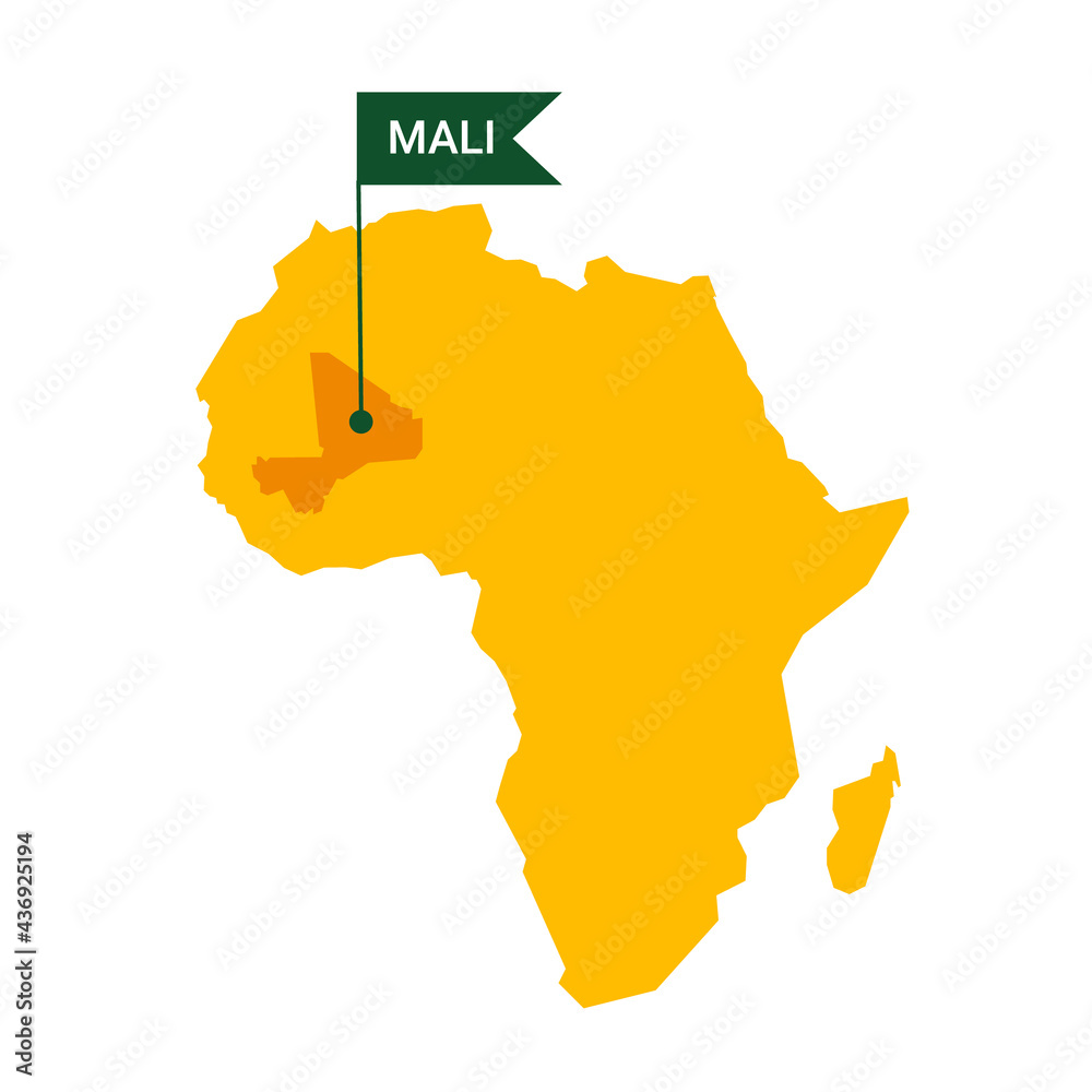 Mali on an Africa s map with word Mali on a flag-shaped marker. Stock ...
