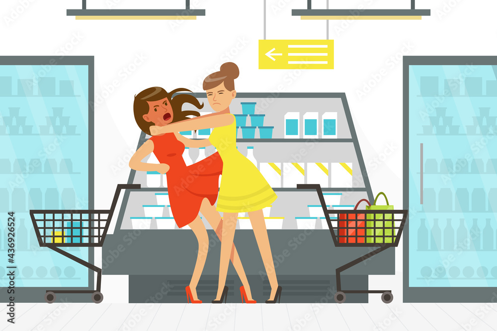 Girls Fighting at Supermarket, Two Furious Women Arguing During Sale in ...