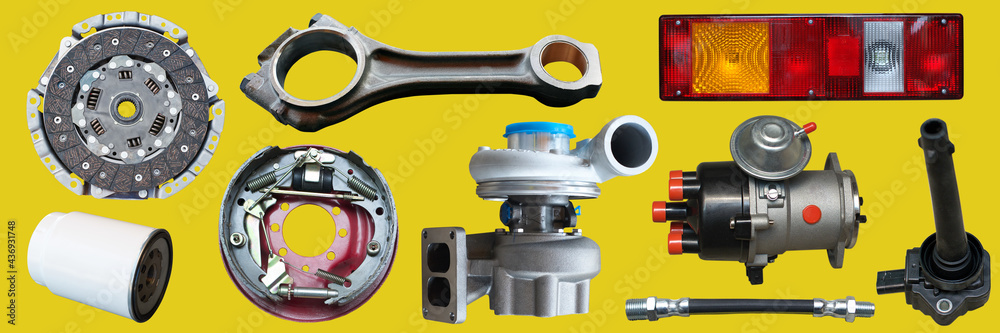 Auto spare parts car on the white background. Set with many isolated ...
