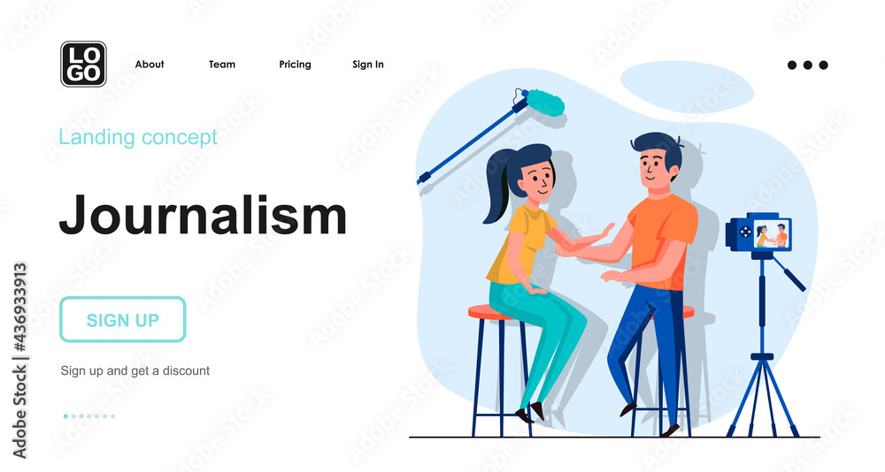 Journalism web concept. Recording of interview program, man and woman ...