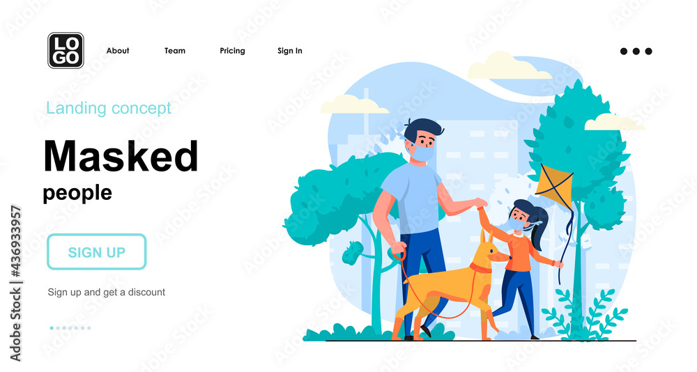 Masked people web concept. Father and daughter in masks walk dog in ...