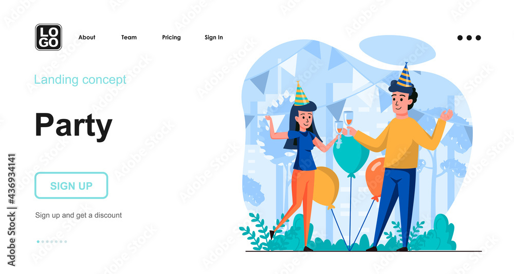 Party web concept. Couple in festive hats drinking and dancing together ...