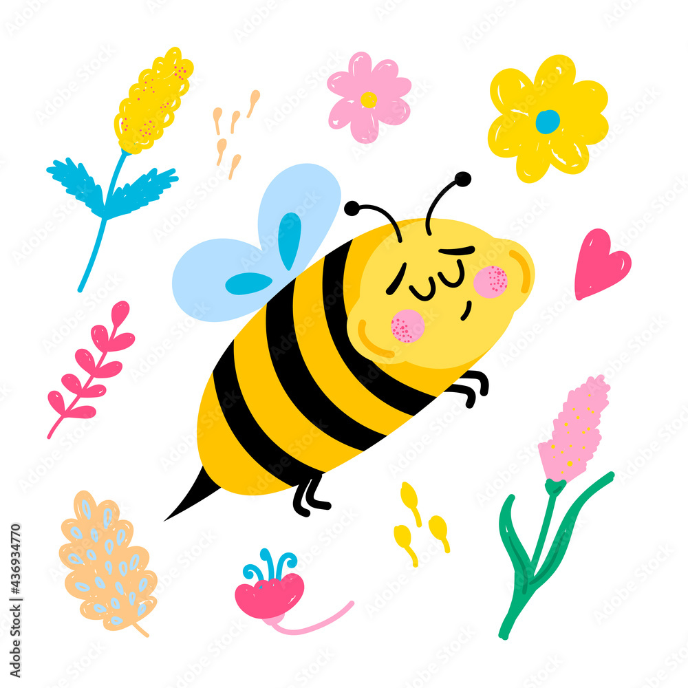 Vector illustration with cute cartoon bees and flowers on a white ...