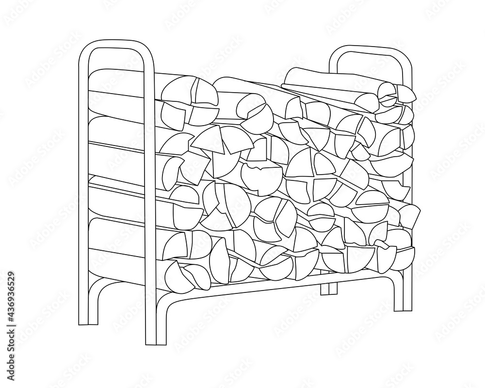 Woodpile with firewood vector linear illustration for coloring. Outline ...