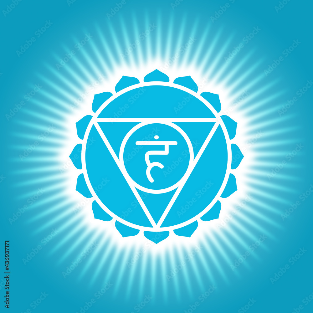 Vishuddha. Blue shining yoga symbol. The fifth guttural chakra. Om sign ...