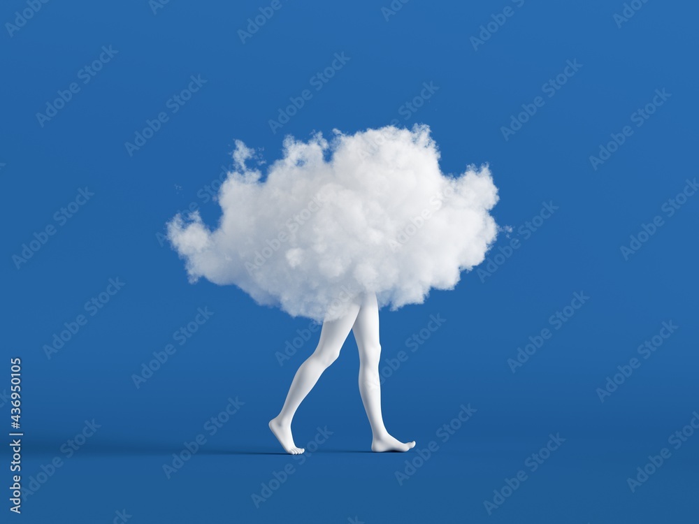 3d render. Abstract white cloud with mannequin legs. Soul metaphor ...