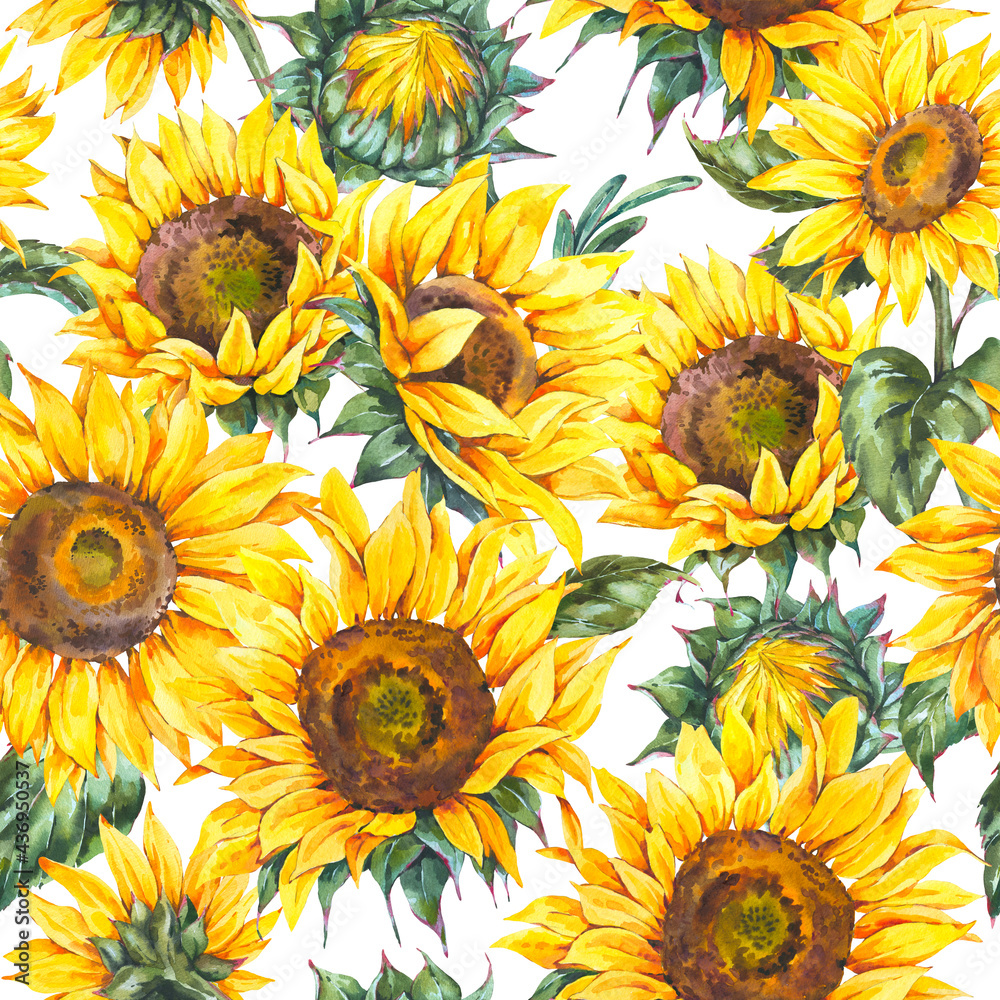 Watercolor rustic seamless pattern, farmhouse sunflower wildflowers ...