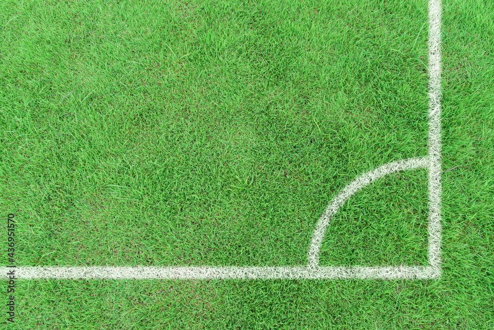 White stripe corner markings on a football field with green grass. Top ...