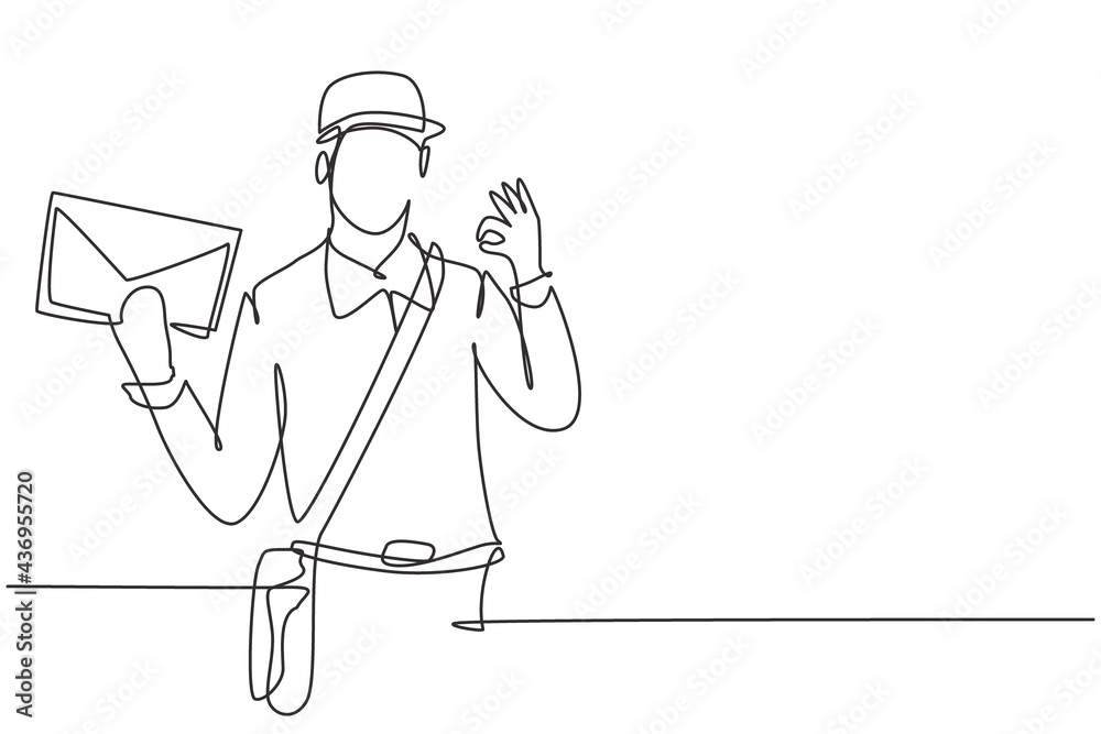 Continuous one line drawing postman wearing hat, sling bag, and uniform ...
