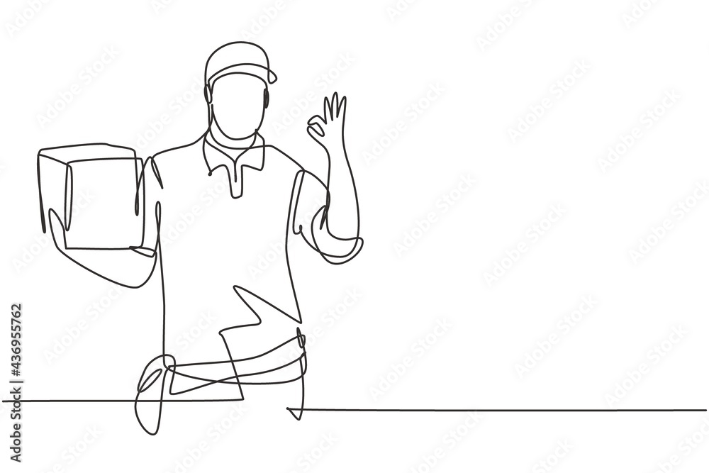 Single continuous line drawing delivery man with gesture okay, carrying ...