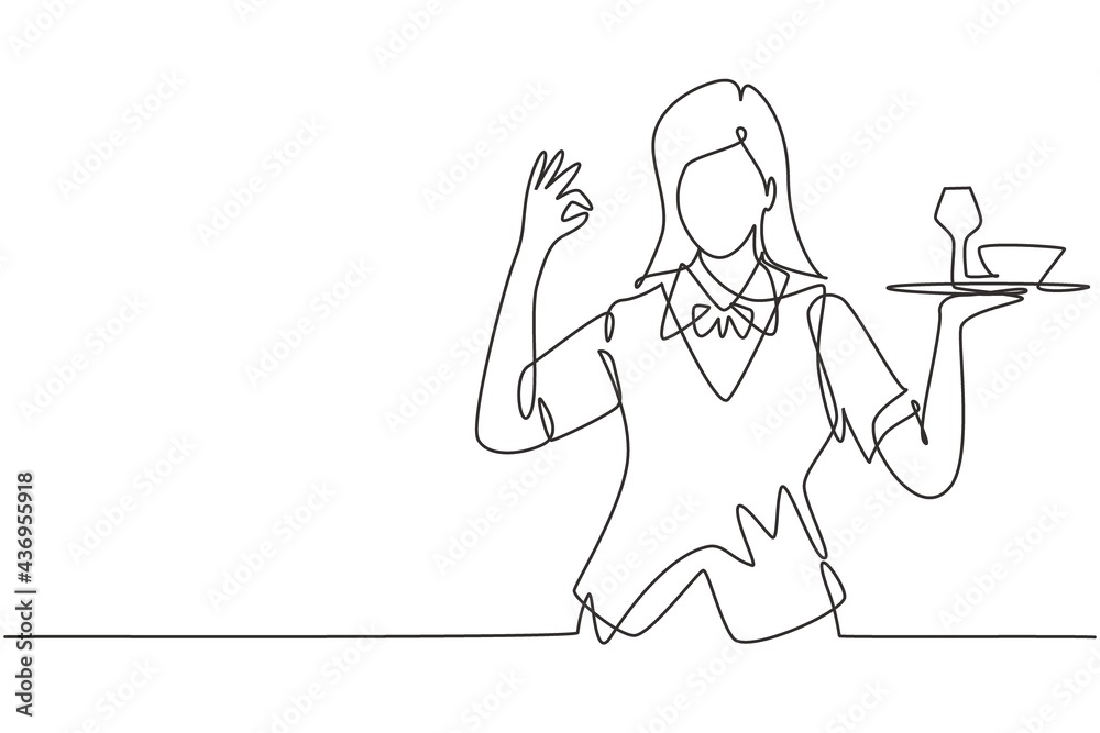 Single continuous line drawing waitress with gesture okay and brought a ...