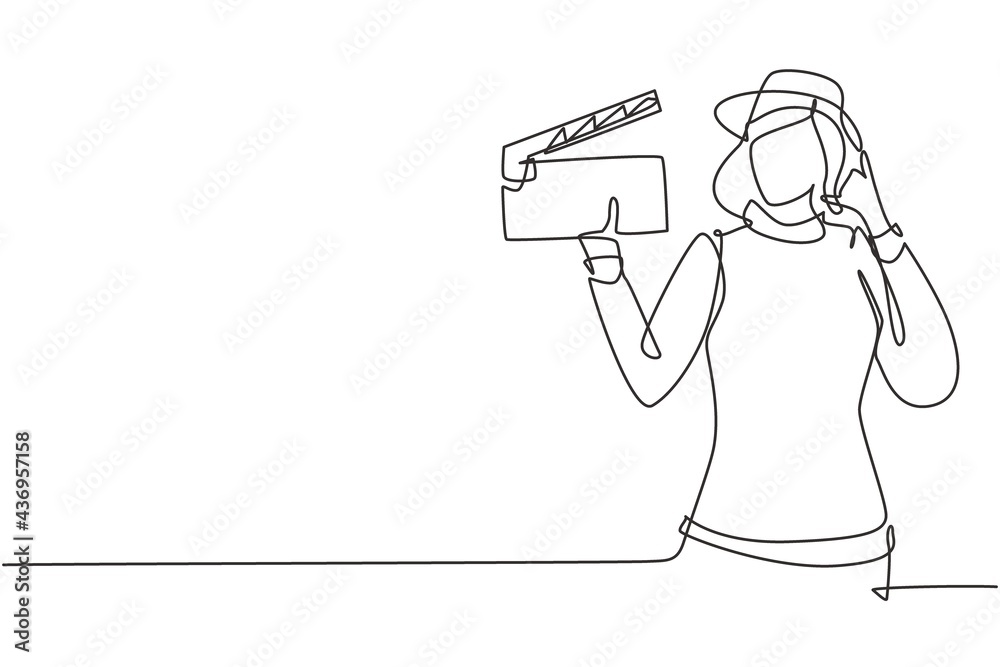 Single one line drawing female film director with call me gesture ...