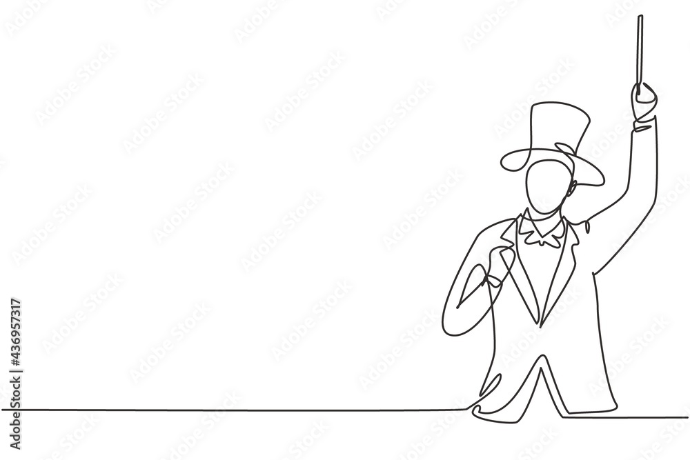 Single continuous line drawing magician with celebrate gesture wearing ...