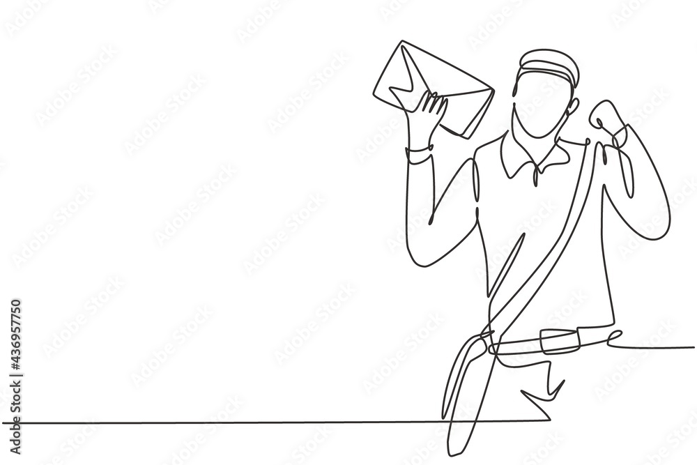 Stockvector Single continuous line drawing postman with celebrate ...