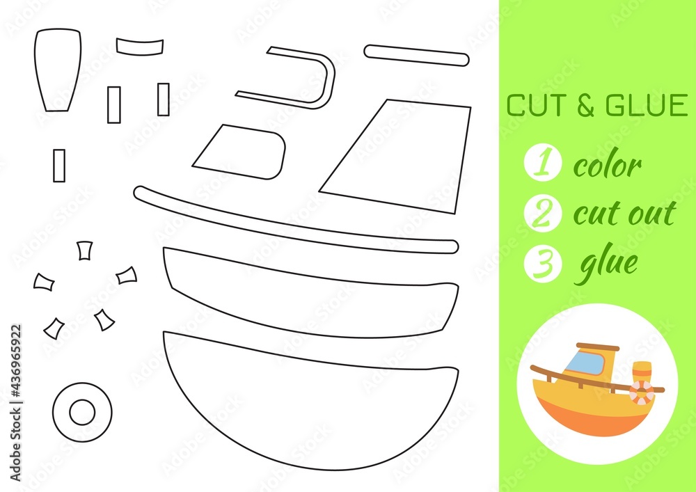 Color, cut and glue paper yellow ship. Cut and paste craft activity ...