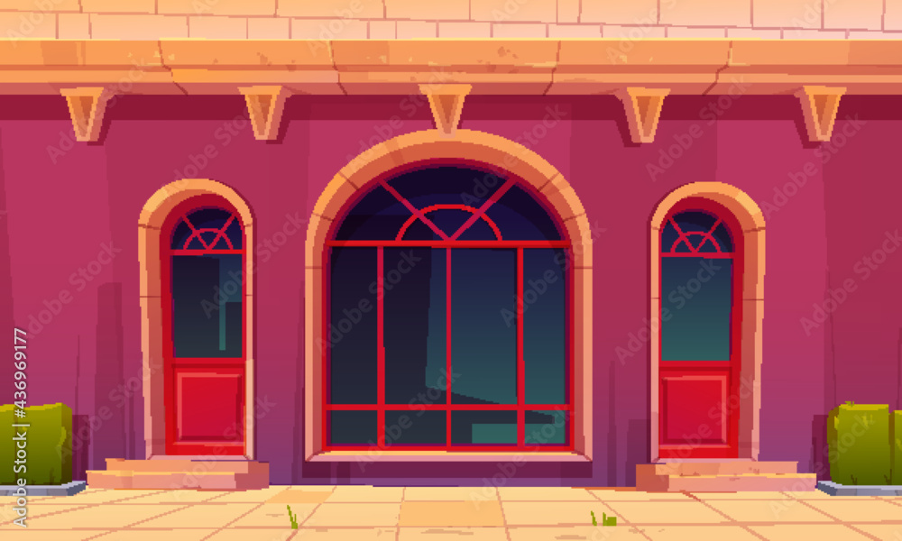 Store front with glass doors and arch window in old building facade ...