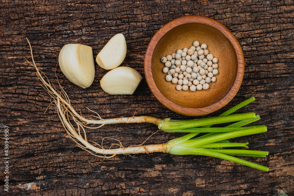 Coriander root Garlic and Pepper seeds or Three kings of Thai food ...