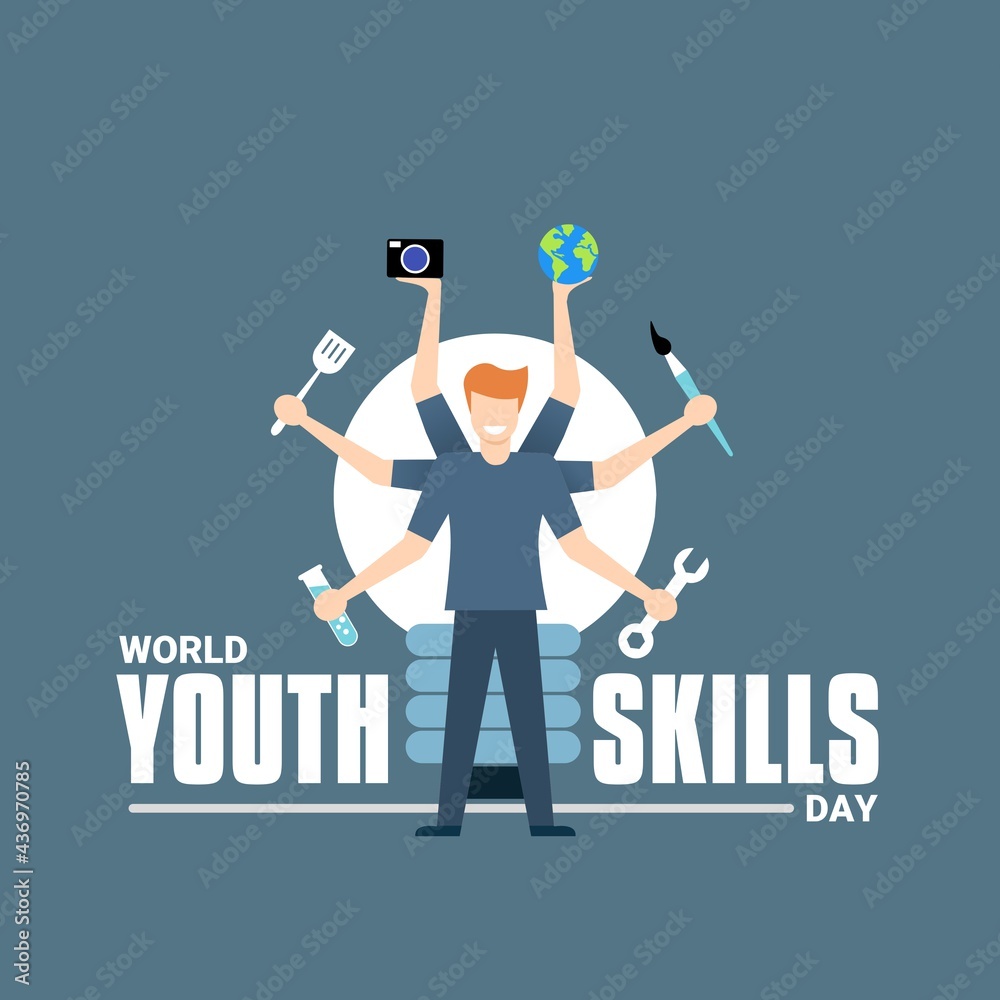 vector illustration, young man holding test tube, spatula, camera ...