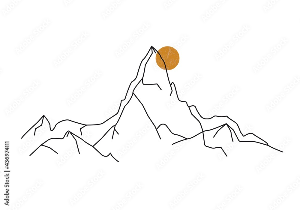 Mountain Outline Drawing. Mountain and Sun Line Art Drawing. Landscape ...