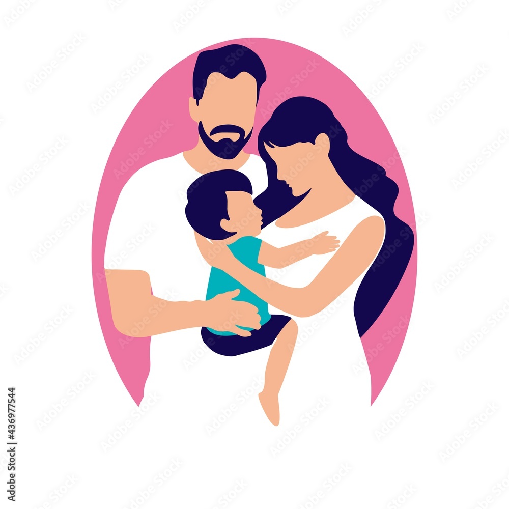 Happy family loving parents with a small child in their arms. Hugs from ...