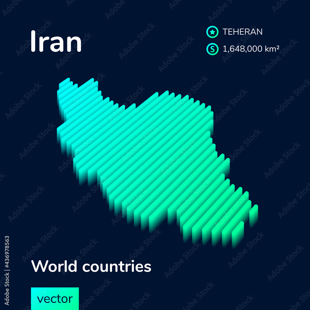 Stylized neon simple digital isometric striped vector Iran map, with 3d ...