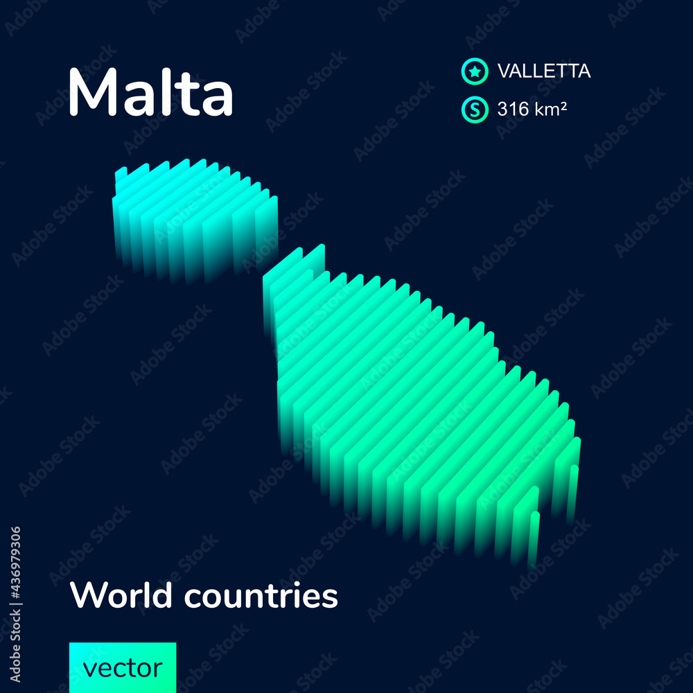 3d vector isometric Malta map in neon turquoise colors on a dark blue ...