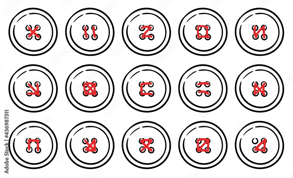 A set of fifteen options for sewing on a button. Doodle black and white ...