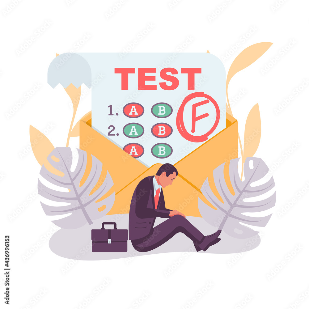 Failed test landing page. Bad rating. Negative result. Sad businessman ...