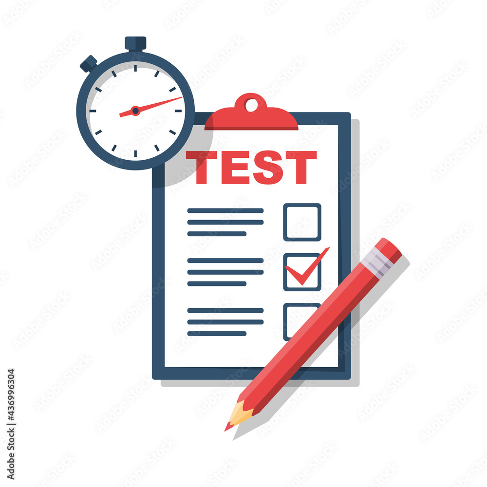 Test time concept. Clipboard with dough form, pencil, and stopwatch ...